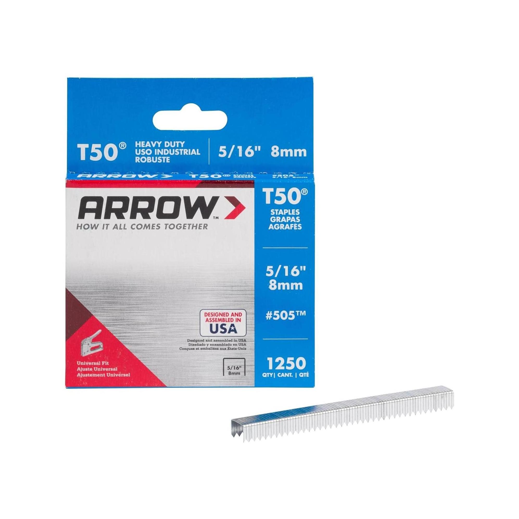 Arrow T50 Staples 5/16" Heavy-Duty #505 – 1250 Pack for Upholstery